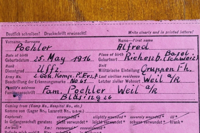 POW-KARTE USA, DT Uffz Alfred Pöhler aus Weil a/Rh. geb. Riehen CH EUR ...
