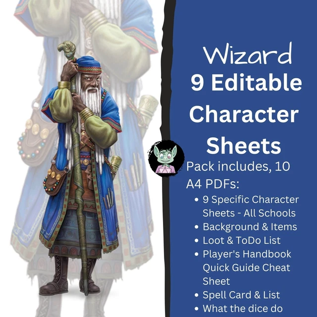 DND CHARACTER SHEET - Wizard £2.00 - PicClick UK