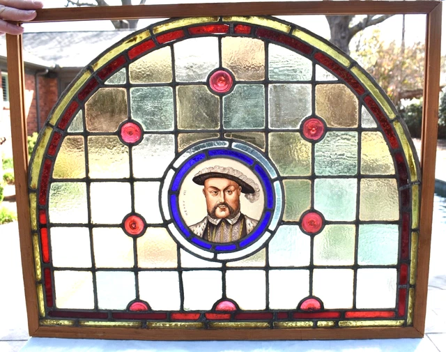 ANTIQUE KING HENRY VIII England Royal Stained Glass Window Panel Pub ...