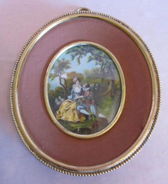 MINIATURE PEINTURE SCÈNE d'amour Watteau cadre laiton bronze doré ovale ...