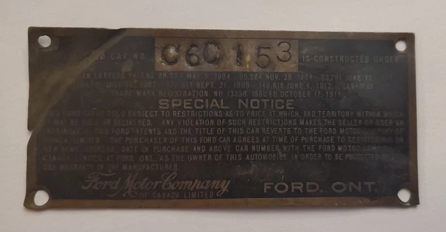 FORD MODEL T Identification Plate 1911 Rare Vintage $387.99 - PicClick CA