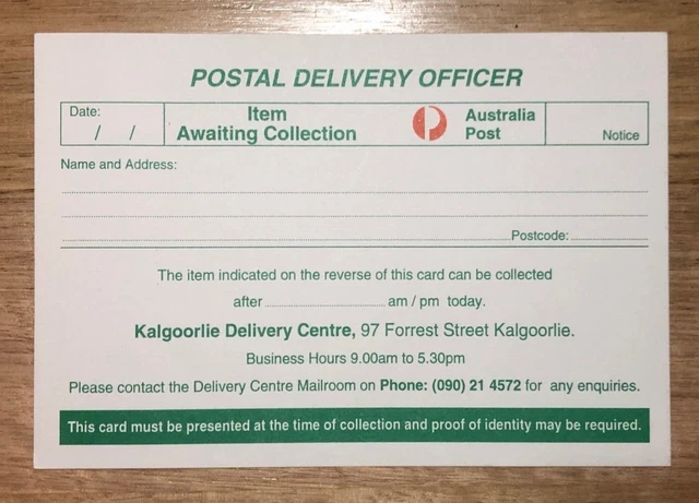 AUSTRALIA POST OFFICE Kalgoorlie Item Awaiting Collection Card EUR 3,06 ...