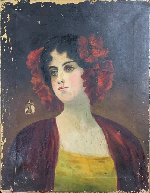 ANTIQUE PORTRAIT OF a Young Woman. Oil Painting. Distressed. Vintage ...