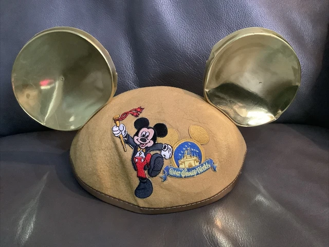 VINTAGE WALT DISNEY World Gold Mickey Mouse Ears Hat Embroidered Adult ...