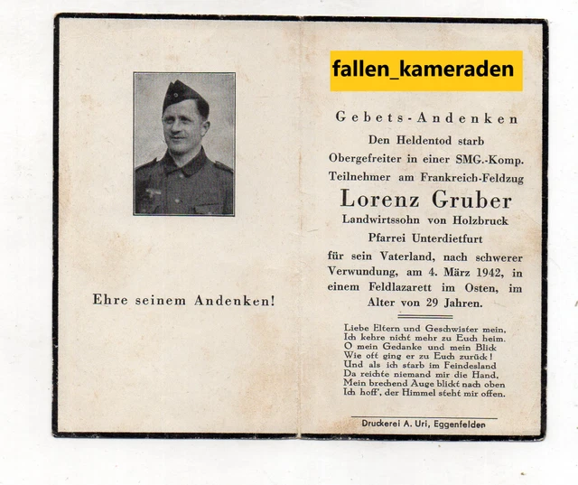 ORIGINAL GERMAN WW2 Death Card LORENZ GRUBER smg kmp fell 4mar1942 TSCHUDOWO £7.99 - PicClick UK