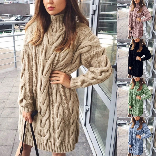 PULL LONG FEMME col roul cable rose pais pull femme pull tricot EUR 24 ...