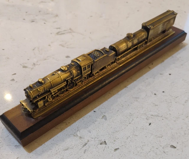 RARE VINTAGE COLLECTIBLE Train Metal Brass Locomotive Wooden Base 14”L ...