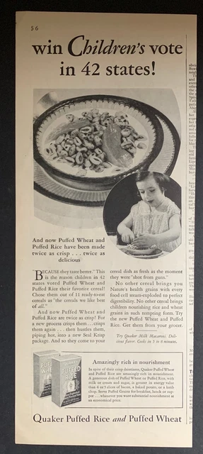 1986 QUAKER PUFFED Rice Cereal & Puffed Wheat Cereal Low Calories Print ...