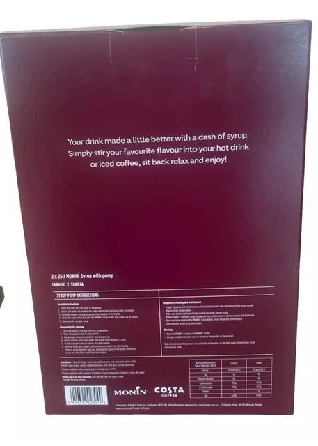 COSTA COFFEE SYRUP Set & Pump - Caramel 25cl & Vanilla 25cl £11.42 ...