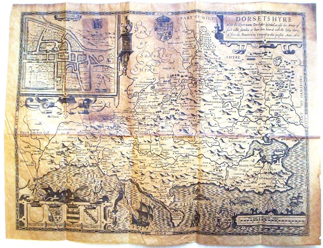 OLD MAP OF DORSETSHYRE (DORSET) AN ANTIQUED PARCHMENT REPLICA . Folded ...