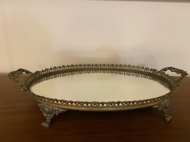 ANCIEN ET RARE plateau en bronze doré et miroir sur pieds EUR 30,00 ...