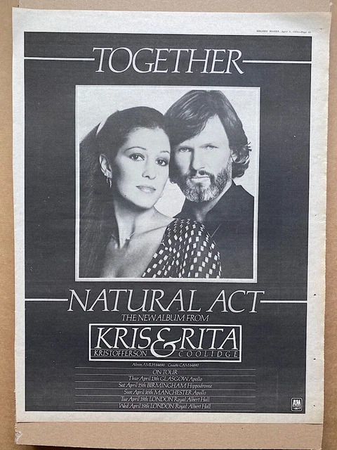 KRIS KRISTOFFERSON/RITA COOLIDGE NATURAL ACT POSTER SIZED original ...
