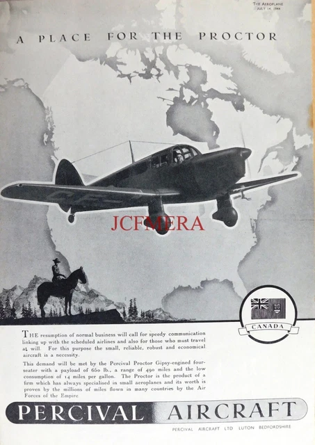PERCIVAL PROCTOR TRAINER Aircraft Canadian Mountie ADVERT 1944 Print ...