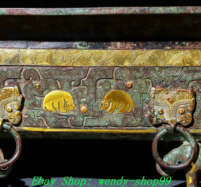 13& OLD CHINESE Han Dynasty Bronze Ware Gold Palace Dragon Beast Tray ...