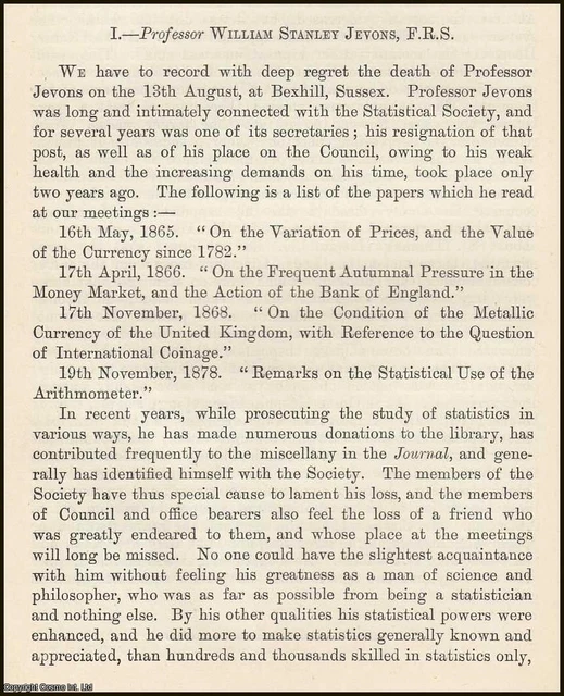 THE DEATH OF Professor William Stanley Jevons, F.r.s. A Rare Original ...