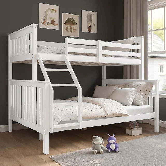 TRIPLE SLEEPER BUNK Bed White Solid Wood 4ft6 Double 3ft Single Ladder ...