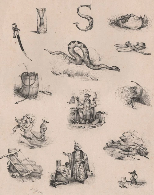 VICTOR ADAM LETTER S Alphabet Alphabet Enigmas Original Lithograph 19th ...
