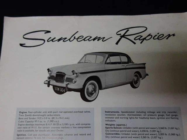 [800 PROMPT DECISION] Sunbeam Rapier/ Catalog Leaflet/ Then-Time/English Version $84.44 ...
