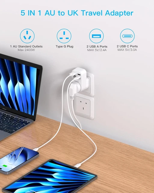 ONE BEAT UK Travel Adapter,Au to UK Plug Adapter with 2 USB C 2 USB a ...