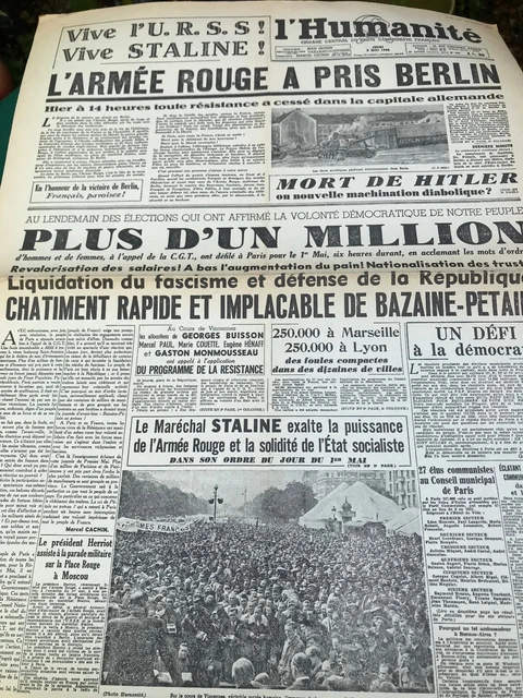 FAC-SIMILE JOURNAL HUMANITE/ARMEE Rouge A Berlin/Mort Hitler/Staline ...