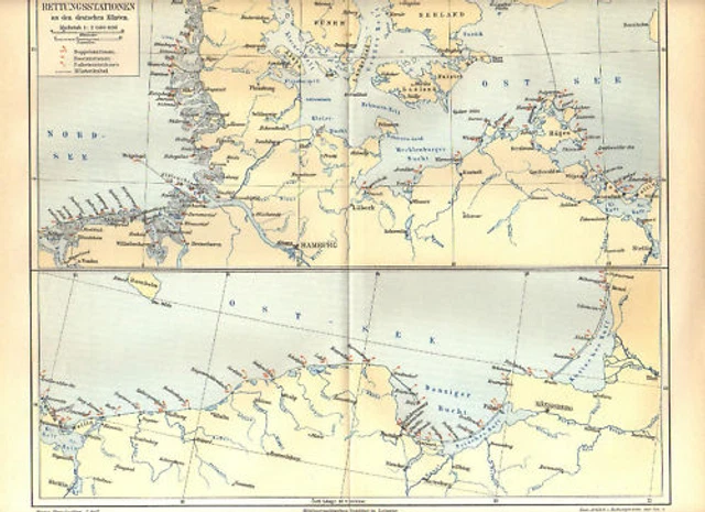 1898= MARE DEL NORD Stazioni Salvataggio= Antica Mappa EUR 7,90 ...