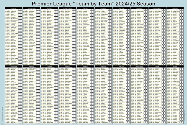 2024/25 SEASON PREMIER League TEAM by TEAM planner all the games Wall ...