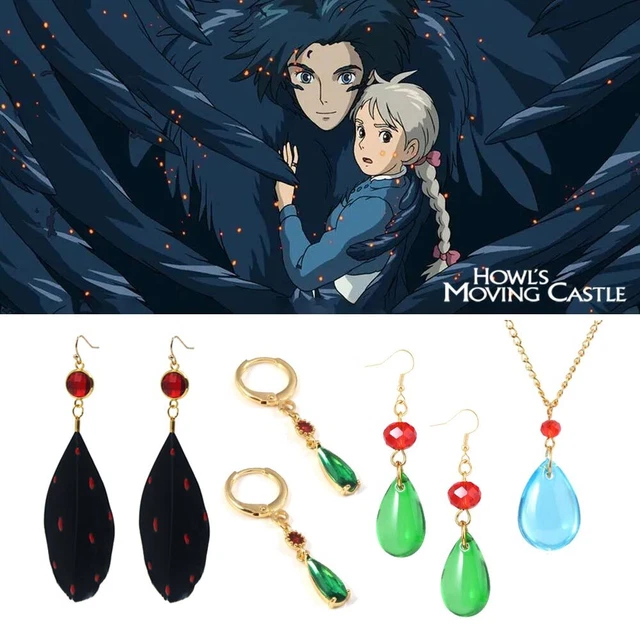 NEW HOWL'S MOVING Castle Anime Earrings Black Feather Red Crystal Drop ...