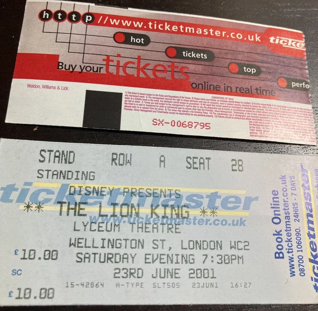 LOT 2 DISNEYS The Lion King Ticket Stubs London England Lyceum Theatre ...