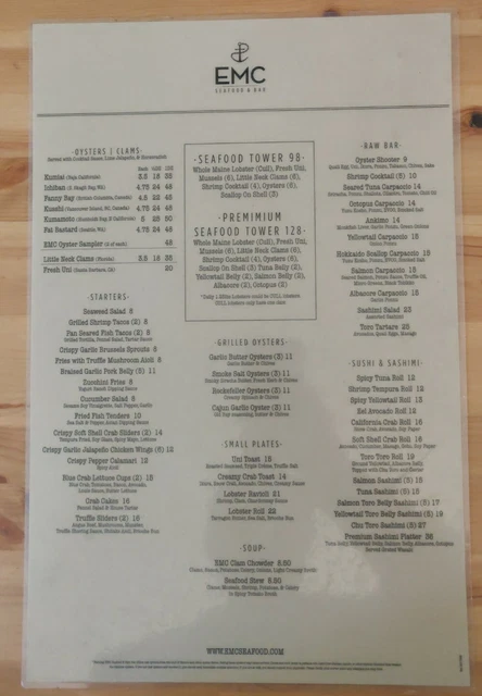 EMC SEAFOOD & RAW BAR Restaurant Menu, Laminated. Larger size $18.75 ...