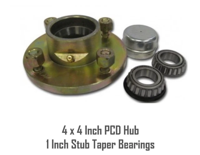 CAST TRAILER WHEEL Hub Metal Cap and Taper Bearing 4" PCD Same as old ...