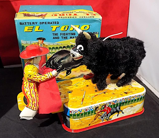 VINTAGE TIN BATTERY-OP El Toro Fighting, Snorting Bull, Nomura Toys ...