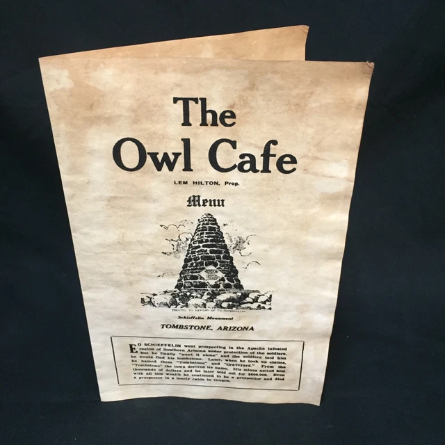 REPRODUCTION THE OWL Cafe Menu Tombstone Arizona Paper Steak Eggs Ed ...