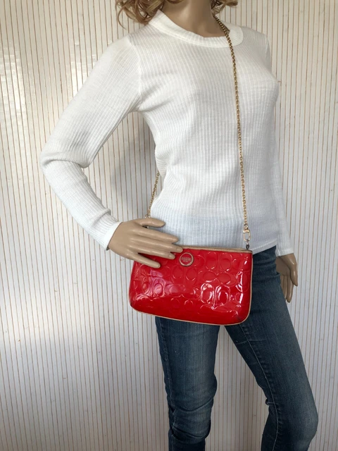 PETIT SAC BANDOULIÈRE Pochette Portefeuille Coach Verni rouge Chainette ...