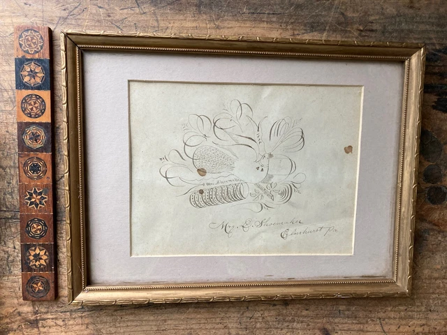 ANTIQUE 19TH C DATED 1892 penmanship caligraphy signature drawing Dove ...