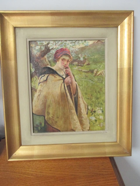 TABLEAU JEUNE BERGERE huile sur toile signé E.Douenne 27x22 EUR 130,00 ...