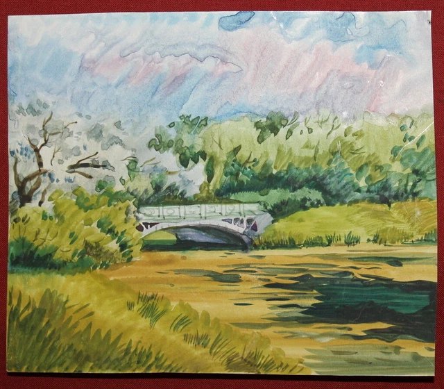 PONT DE RIVIÈRE de paysage de peinture d’aquarelle impressionniste vintage EUR 72,25 - PicClick FR