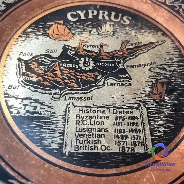 VINTAGE CYPRUS COPPER Wall Hanging Map Historical Dates Hand Painted ...