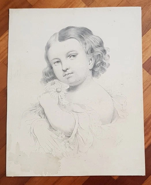 ANTICO RITRATTO DISEGNO a matita ritratto di bambina firmato Giulia ...