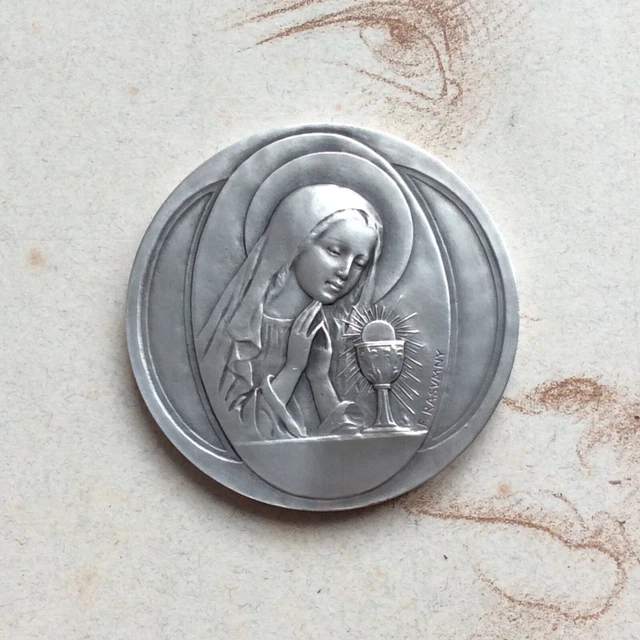 MÉDAILLE COMMUNION PRIÈRE Signée F. Rasumny Métal Argenté Religion EUR ...