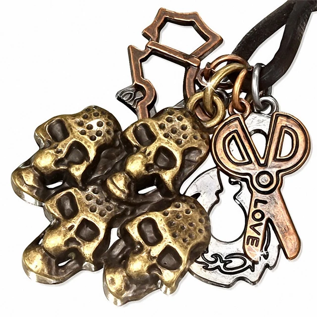 COLLANA IN CUOIO Nero Regolabile Con Fascino Teschio IN Lega Forbici ...