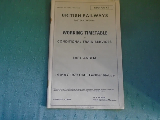 MAY 79 BRITISH Railways Eastern Working Timetable Conditional Train ...