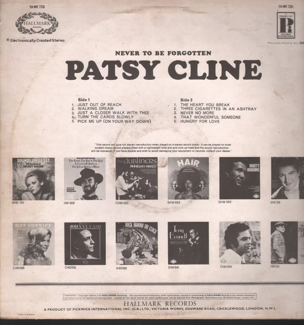 PATSY CLINE NEVER To Be Forgotten LP vinyl USA Hallmark 1971 Sleeve has ...