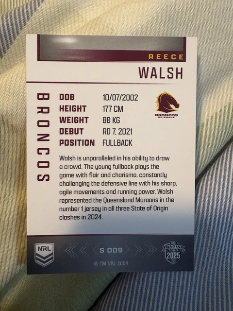 SIGNED REECE WALSH Brisbane Broncos 2025 NRL Elite Parallel Card $22.00 ...