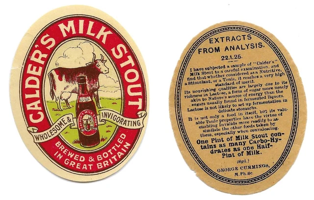 BEER LABELS: 2 x Calder, Alloa, Milk Stout front +back labels 70mm tall ...