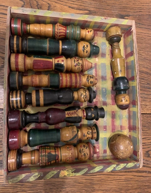 ANTIQUE VINTAGE HANDMADE Wooden skittles game In Original Box Classic ...