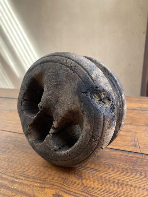 RARE ANTIQUE VINTAGE Wooden Ships Deadeye Rigging Block Red gum or ...