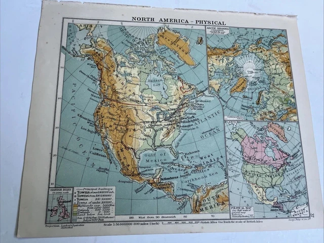 1923: MAP OF North America , British North America Physical BC #38 Old ...