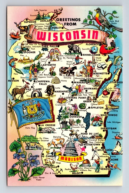 PICTORIAL TOURIST ATTRACTIONS Greetings From State of Wisconsin WI ...