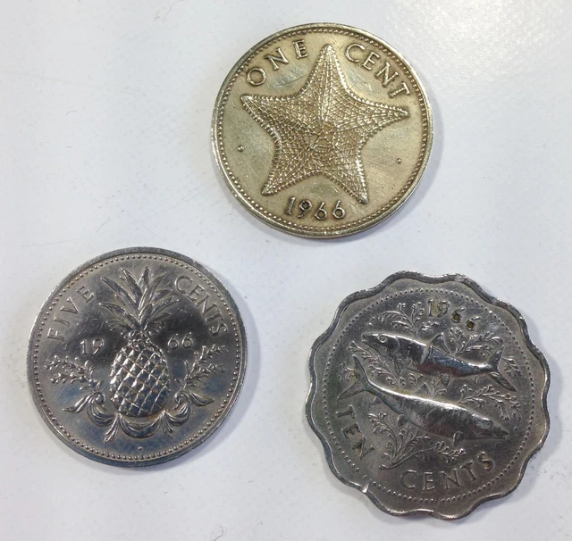 BAHAMAS QUEEN ELIZABETH II - 10, 5 & 1 Cent Coins 1966 fish starfish ...