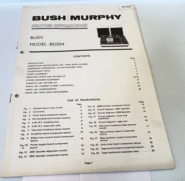 VINTAGE BUSH MURPHY Bush Model BS3504 Tape Deck Service booklet 28 page ...